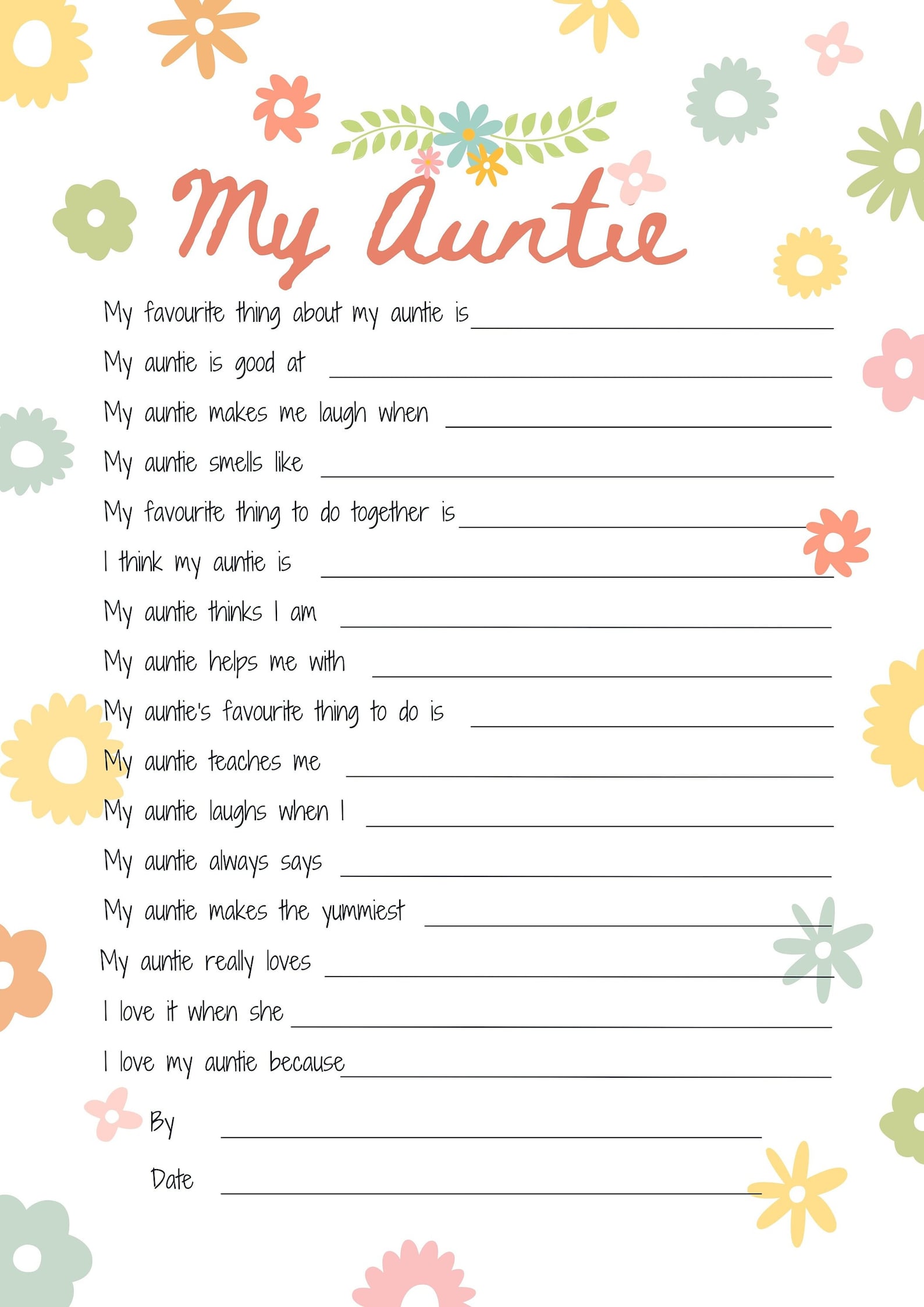 All About My Auntie Printable Mothers Day Gift Idea. Reasons I Love My ...