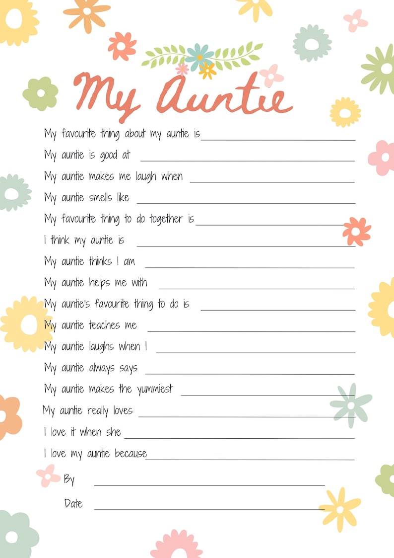 All About My Auntie Printable Mothers Day Gift Idea. Reasons I Love My ...
