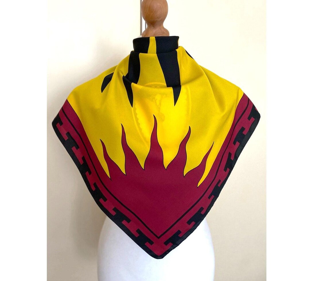 Vintage Fire Sun Motif Print Scarf Black Burgundy Yellow Retro ...