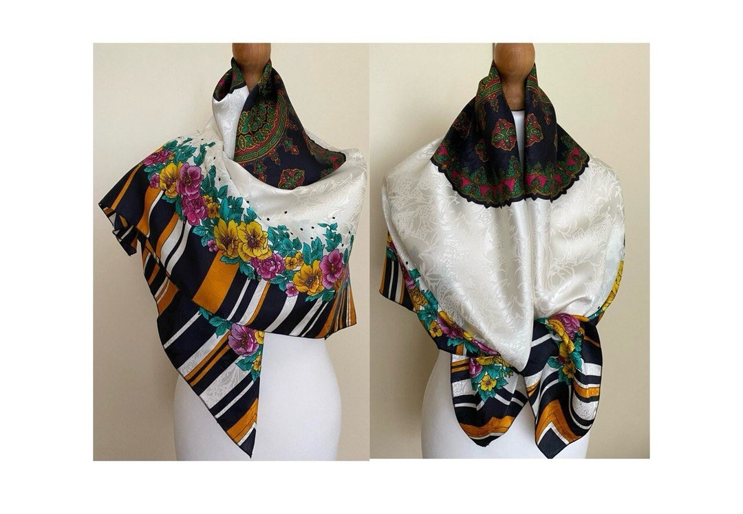 Vintage Large Scarf Shawl Wrap Dark Navy Cream Yellow Green Purple ...