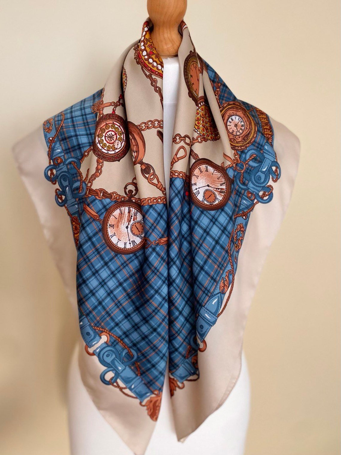 Vintage Italy Made Square Scarf Blue Light Grey Beige Brown Clocks ...