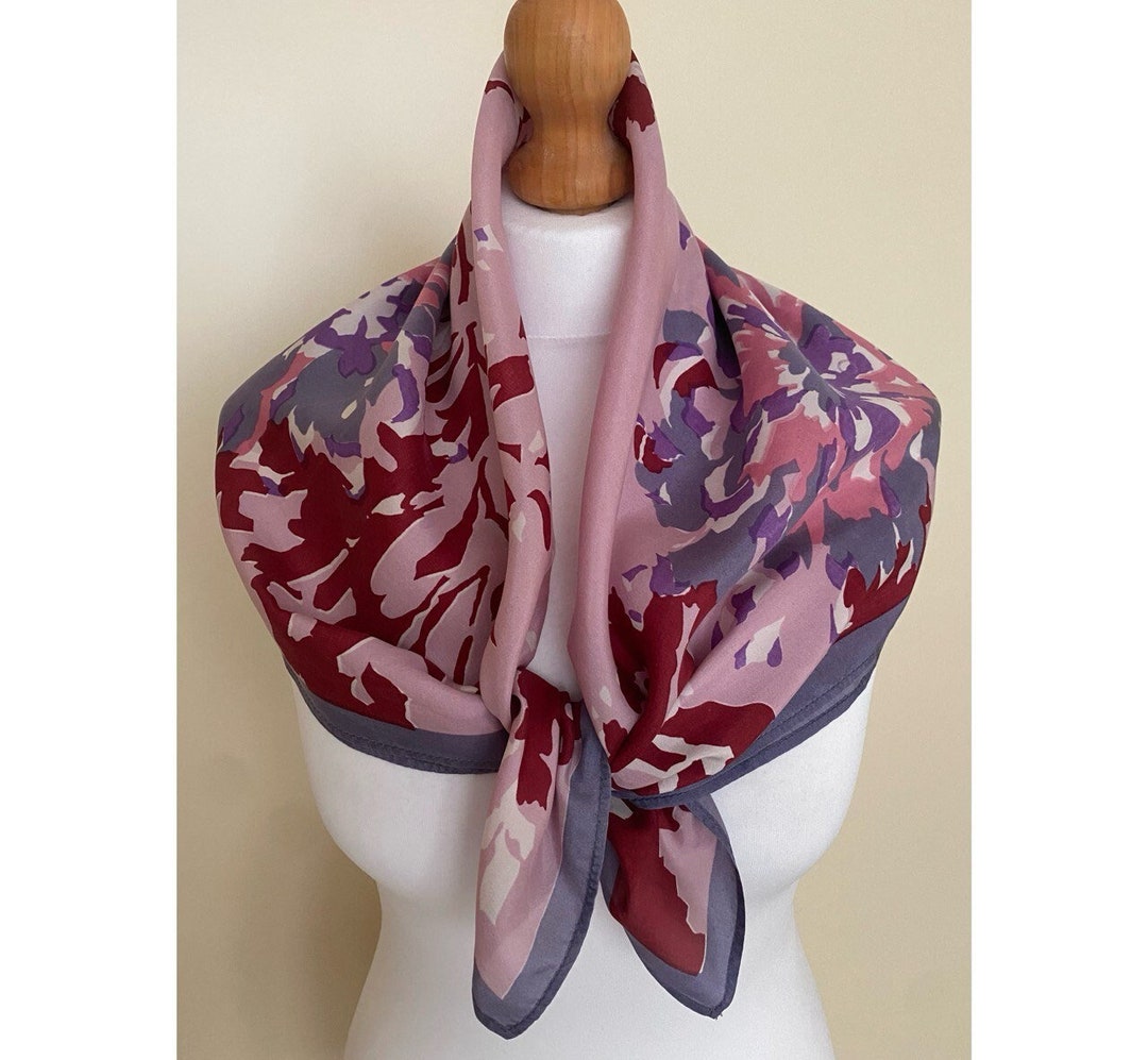 Vintage Silk Square Scarf Purple Burgundy Floral Print Neckerchief Head ...