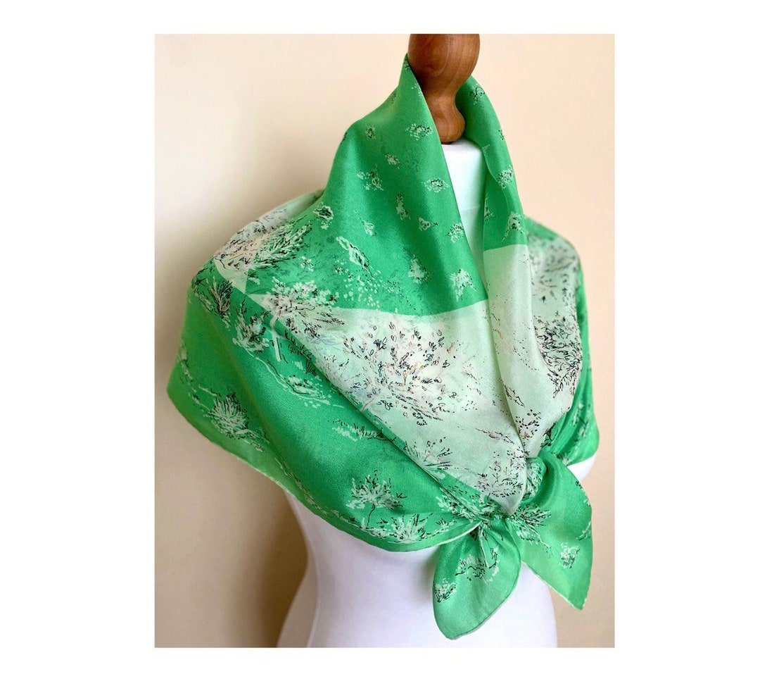 Vintage MATSUBUN Japanese Silk Square Scarf Light Green Nature Print ...