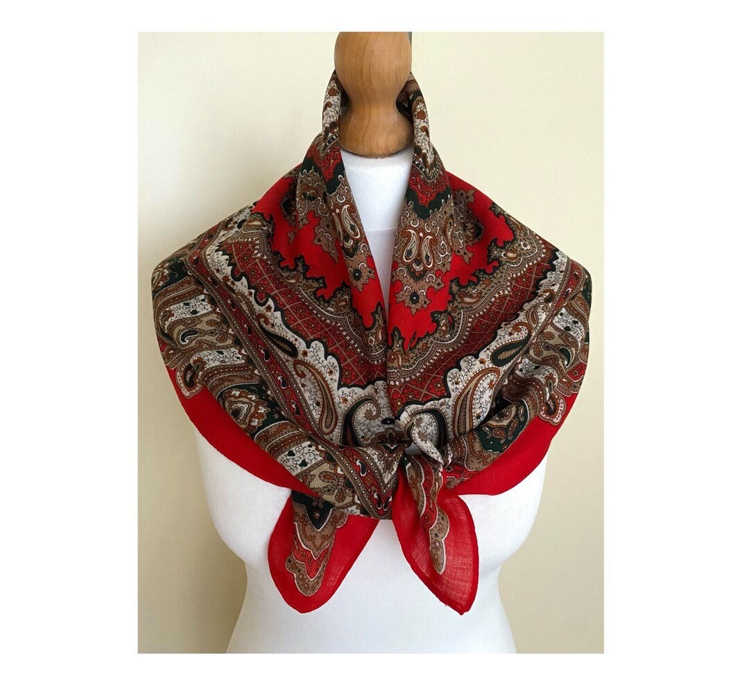 Vintage Wool Folkloric Scarf Red Green Tan Paisley Folk Neckerchief ...