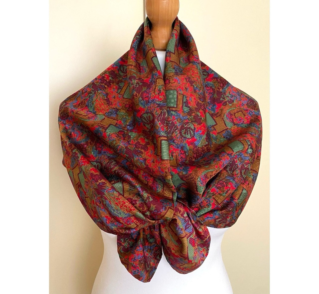 Vintage Liana Ross Silk Jacquard Scarf Shawl Multicolor Italian Silk Neckerchief Retro Art Deco ...