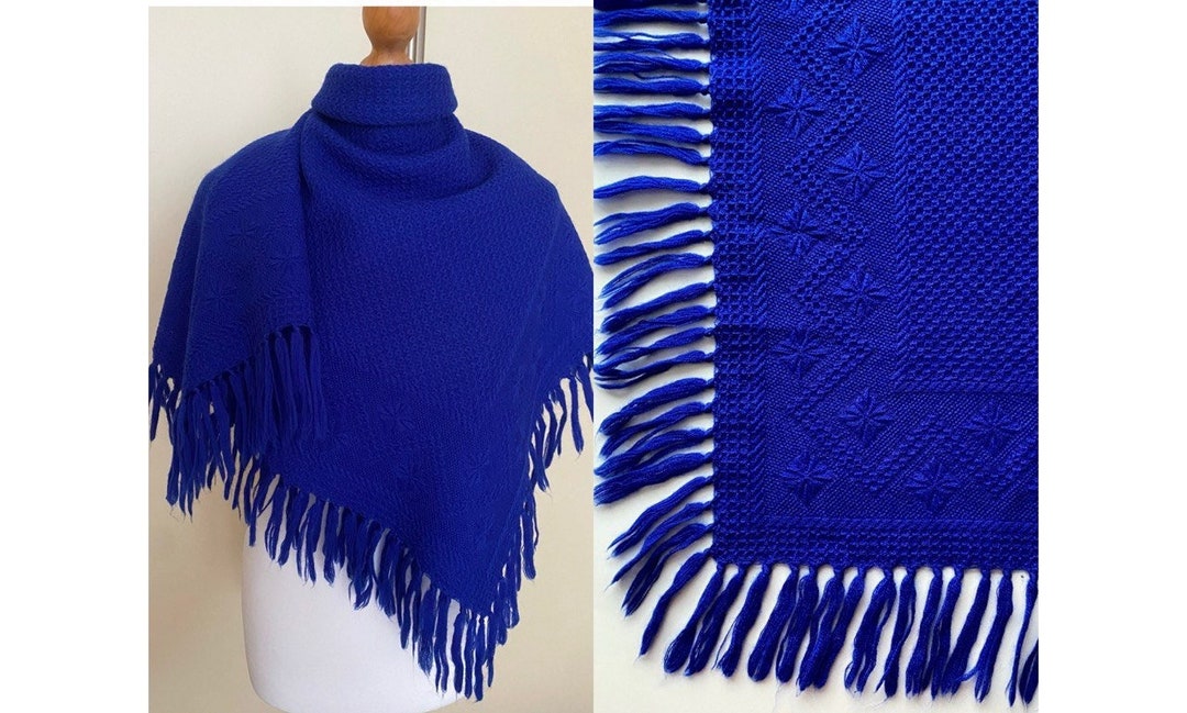 Vintage Wool Square Scarf Navy Blue Fringe Wool Neckerchief Retro Shawl ...