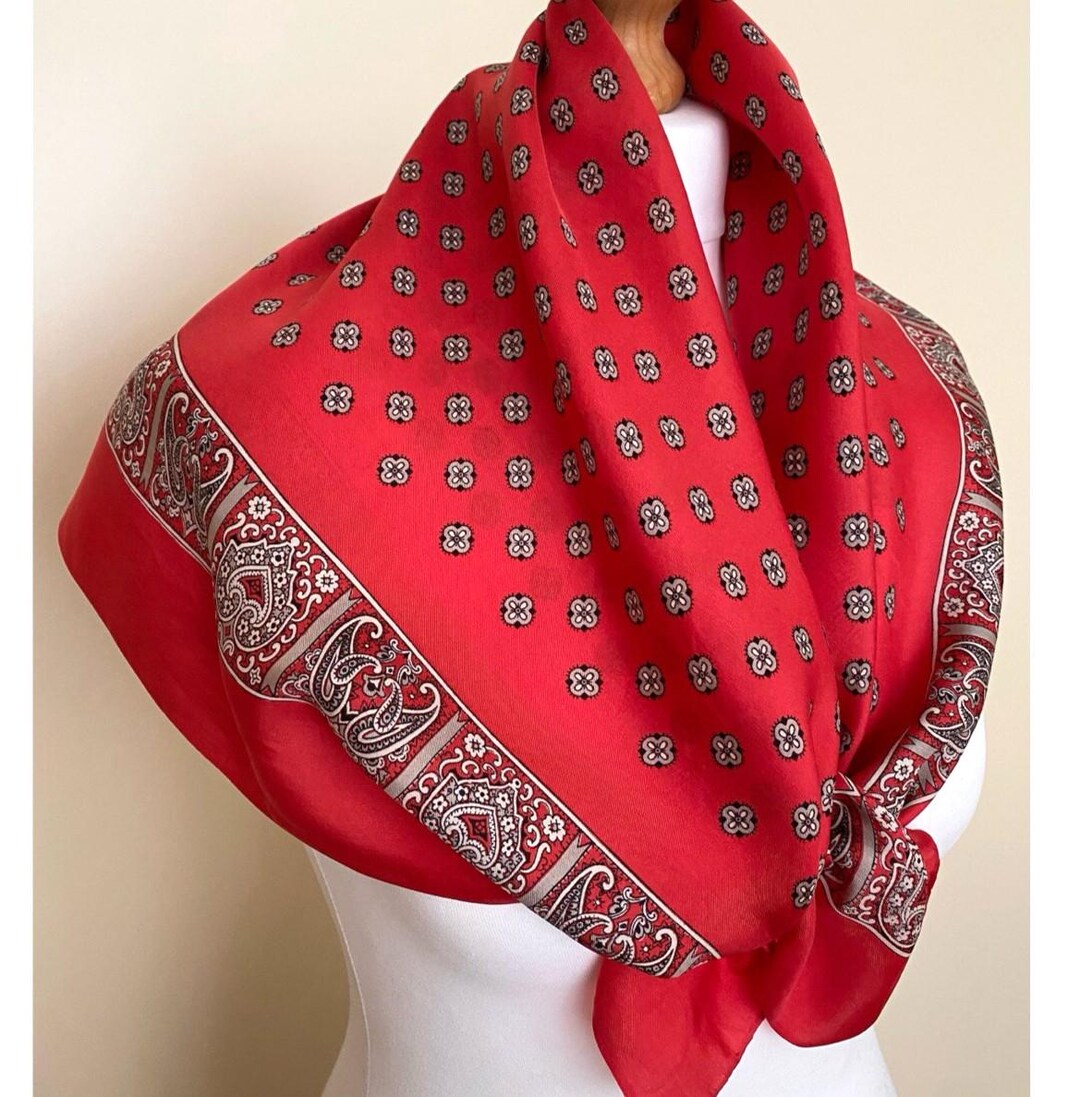 Vintage 80s 90s Silk Scarf Pale Red Paisley Retro Pattern Print ...