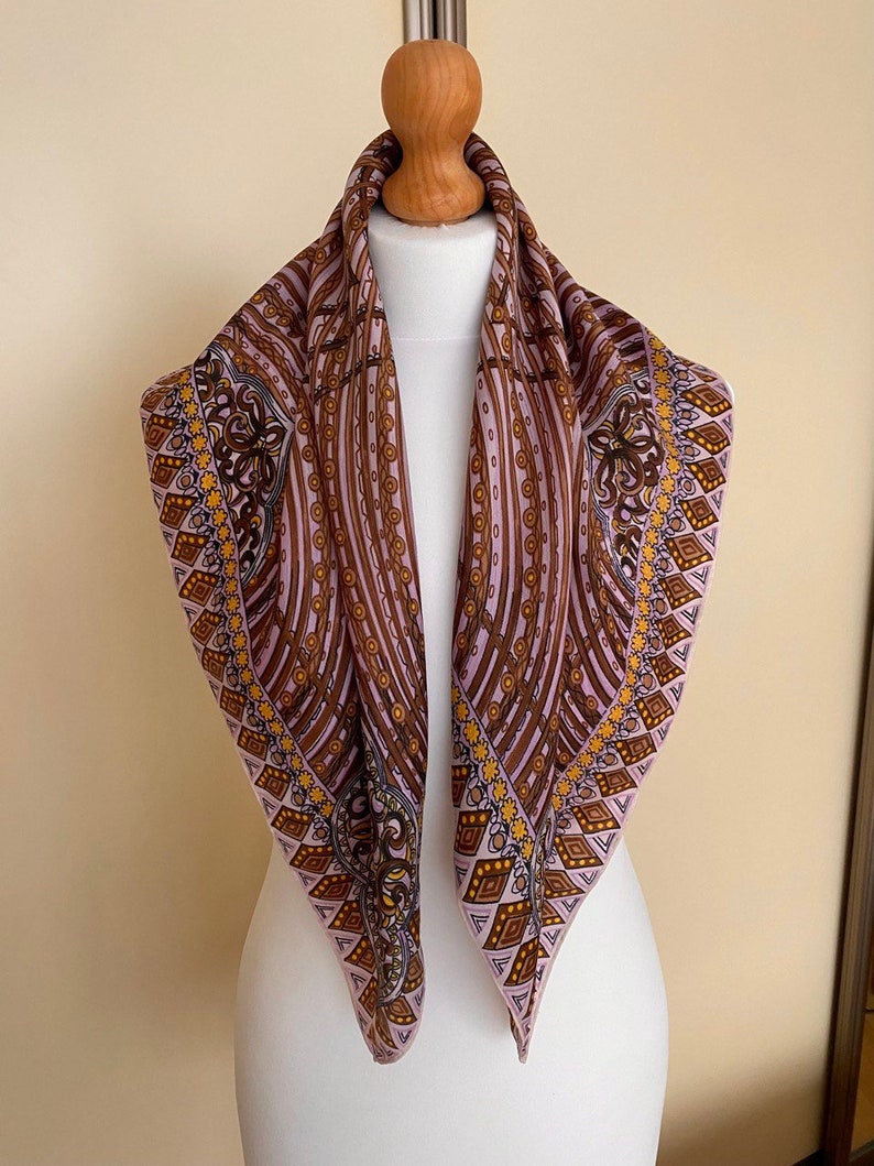 Vintage 80s Psychedelic Print Square Scarf Tan Yellow Purple ...