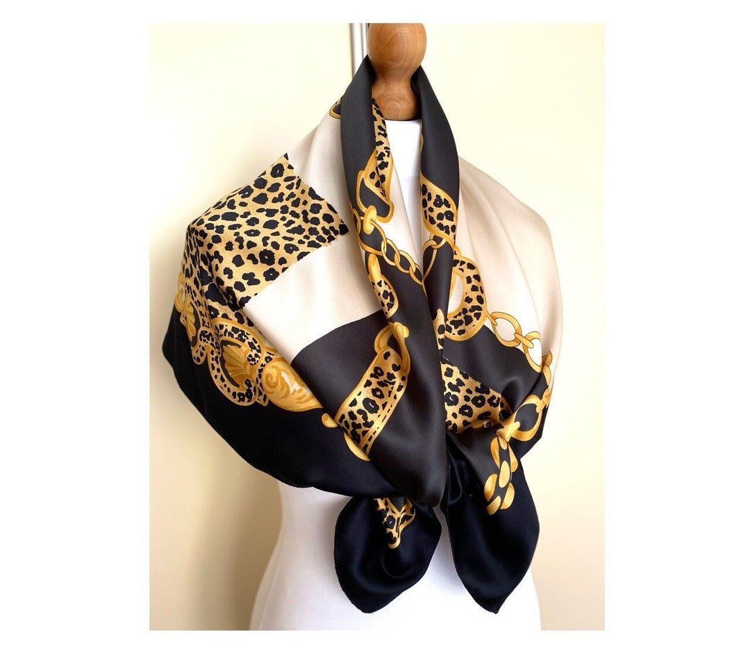 Vintage 90s Italy Made Square Scarf Black Cream Yellow Chains Leopard ...