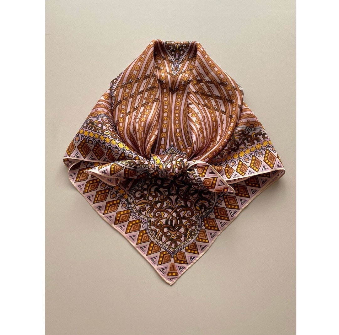 Vintage 80s Psychedelic Print Square Scarf Tan Yellow Purple ...