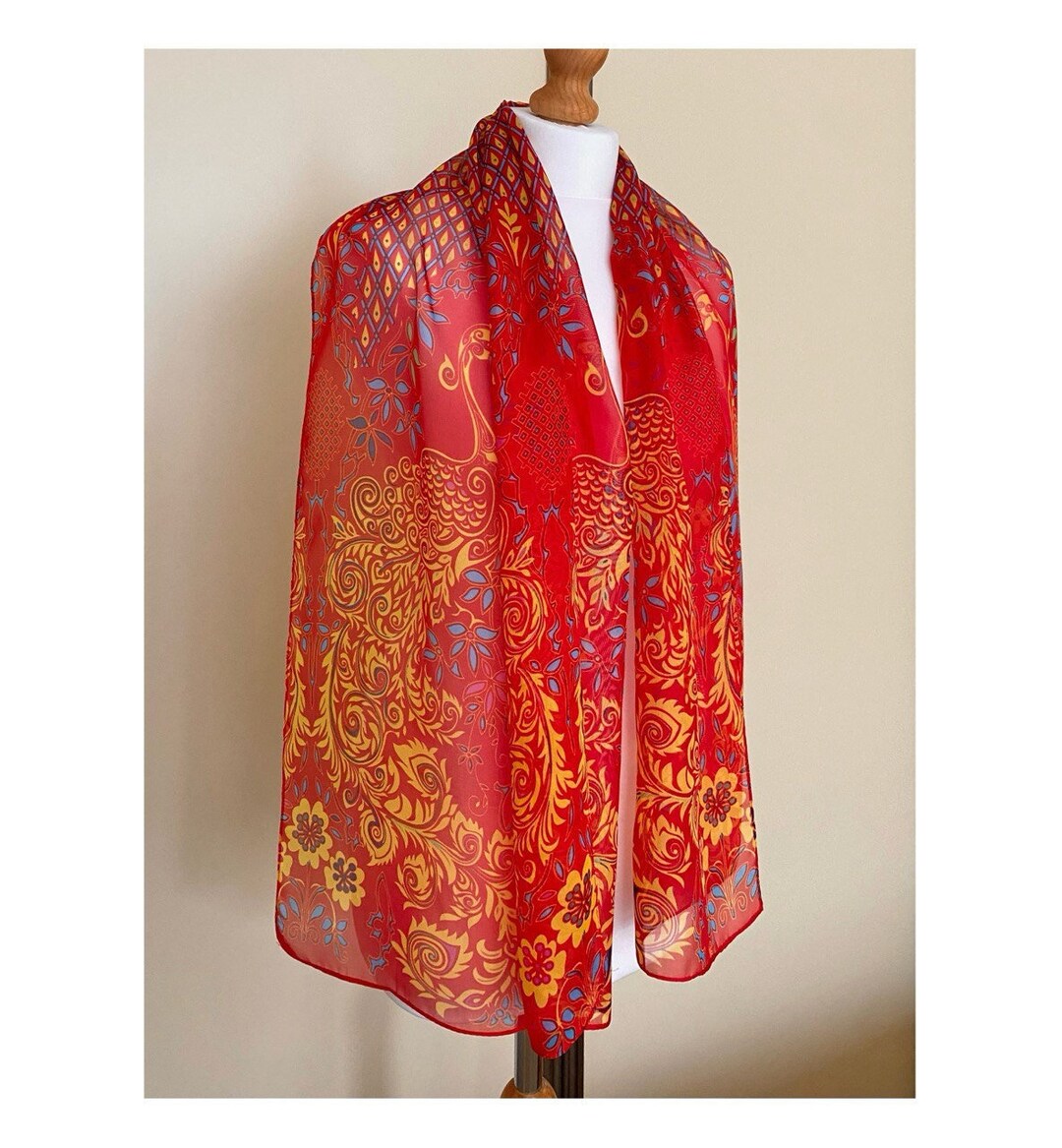 Liang Dian Vintage Long Scarf Beach Coverup Red Yellow Paisley Peacocs ...