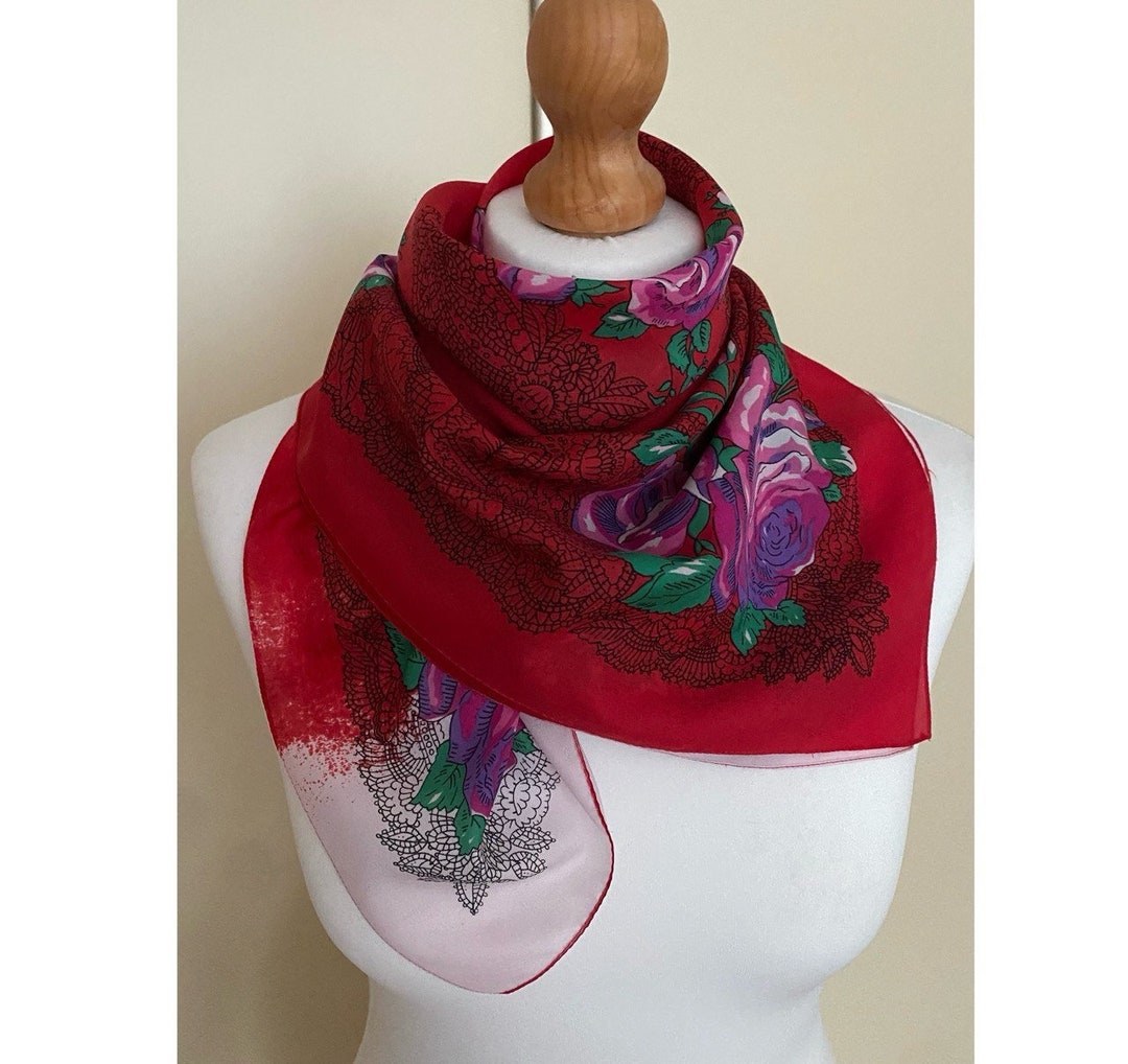 Vintage Folkloric Square Scarf Red Floral Neckerchief Neck Head Scarf ...