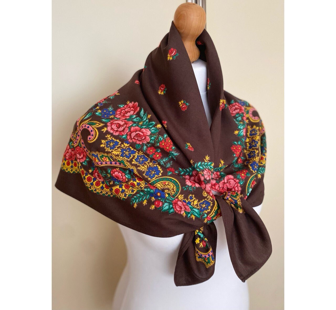 Vintage Folkloric Meadela Portugal Scarf Shawl Viscose Paisley Coffee ...