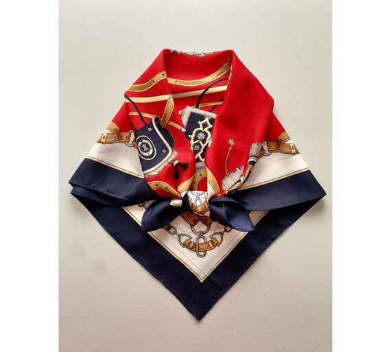 Italian Vintage Bandana Small Square Scarf Red Navy O… - Gem