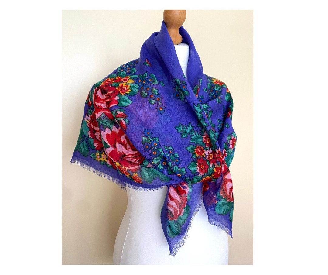 Vintage Folkloric Square Scarf Shawl Violet Red Green Yellow Pink ...