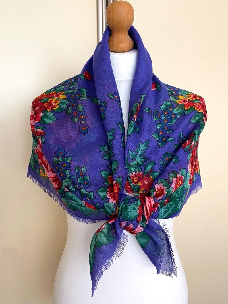 Vintage Folkloric Square Scarf Shawl Violet Red Green Yellow Pink ...