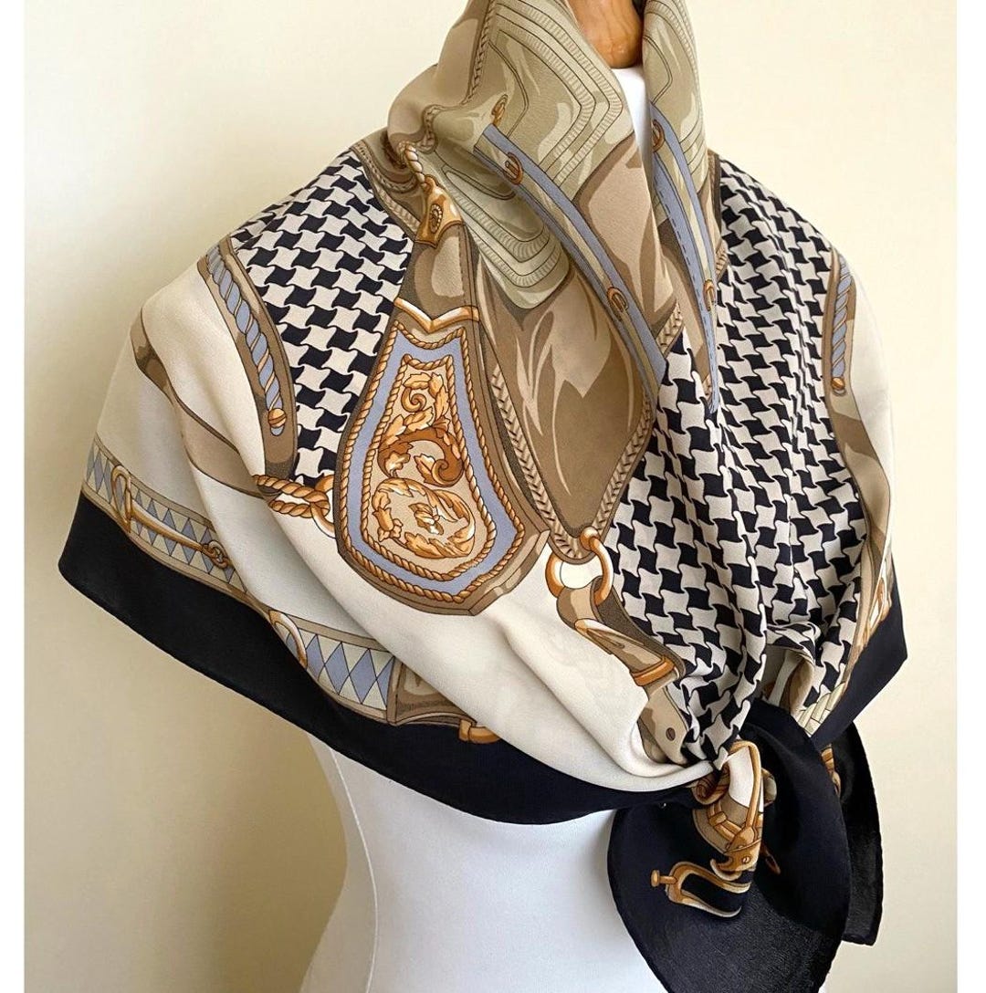 Vintage CODELLO 90s Silk Scarf Equestrian Taupe Black Cream Silk ...