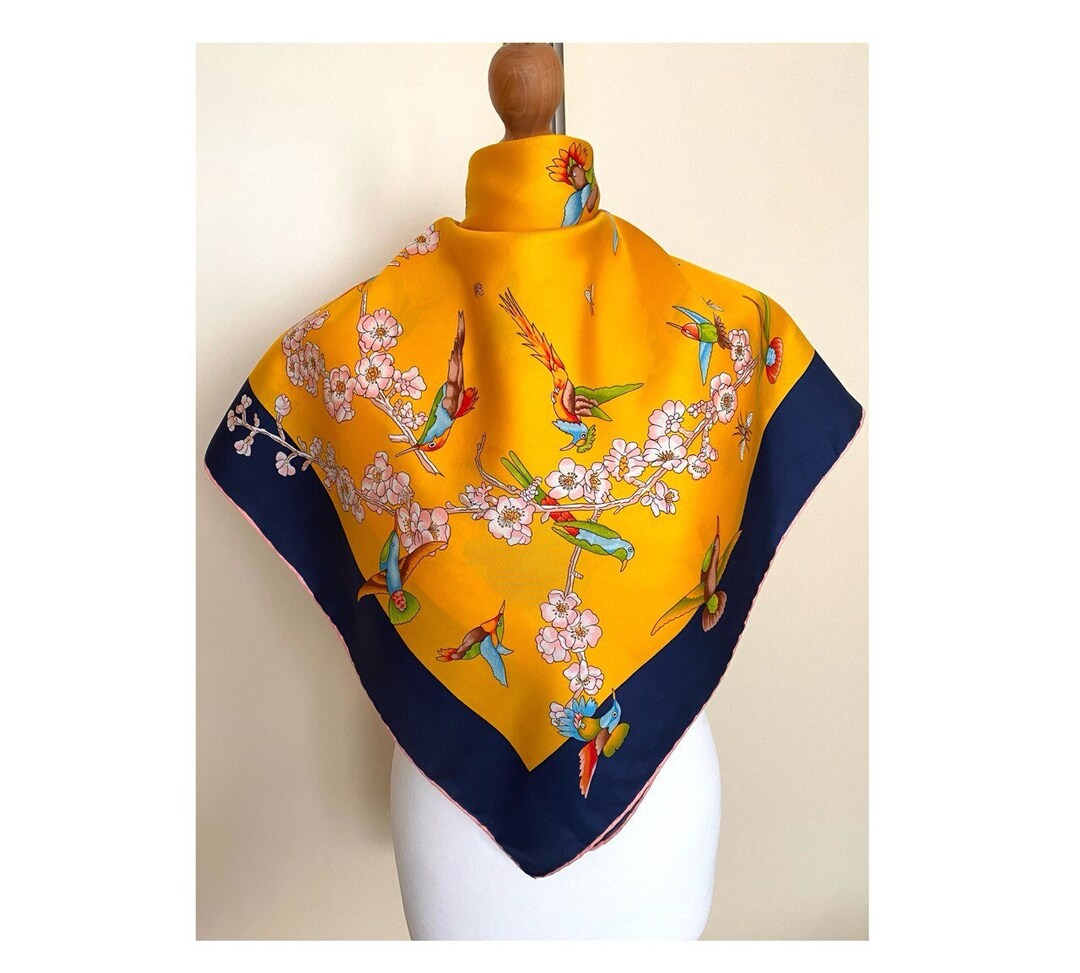 Vintage Silk Square Scarf Sakura Cherry Blossom Nature Birds Print Silk ...