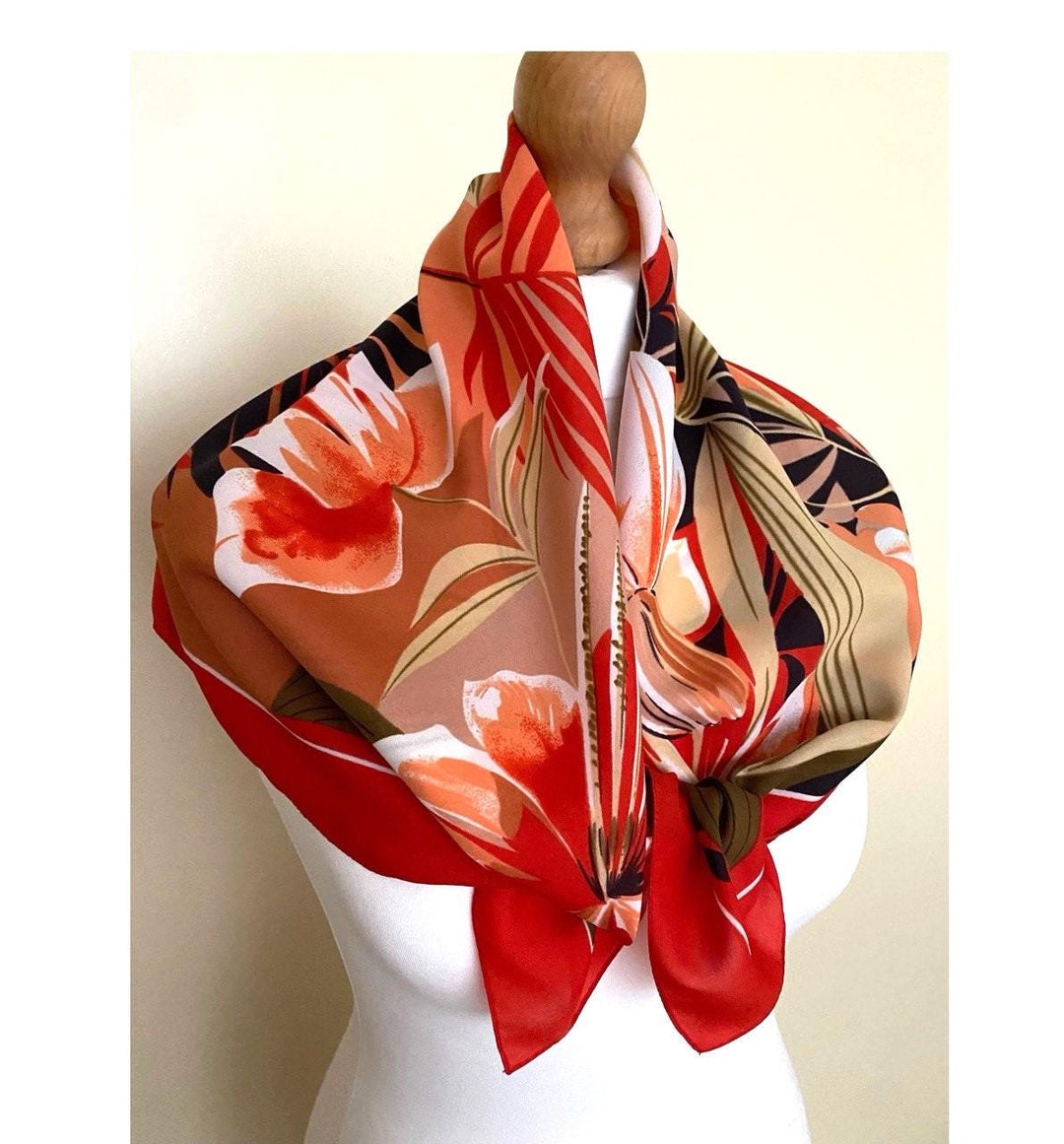 Vintage Italy Made Large Square Scarf Floral Hawaiian Print Neckerchief ...