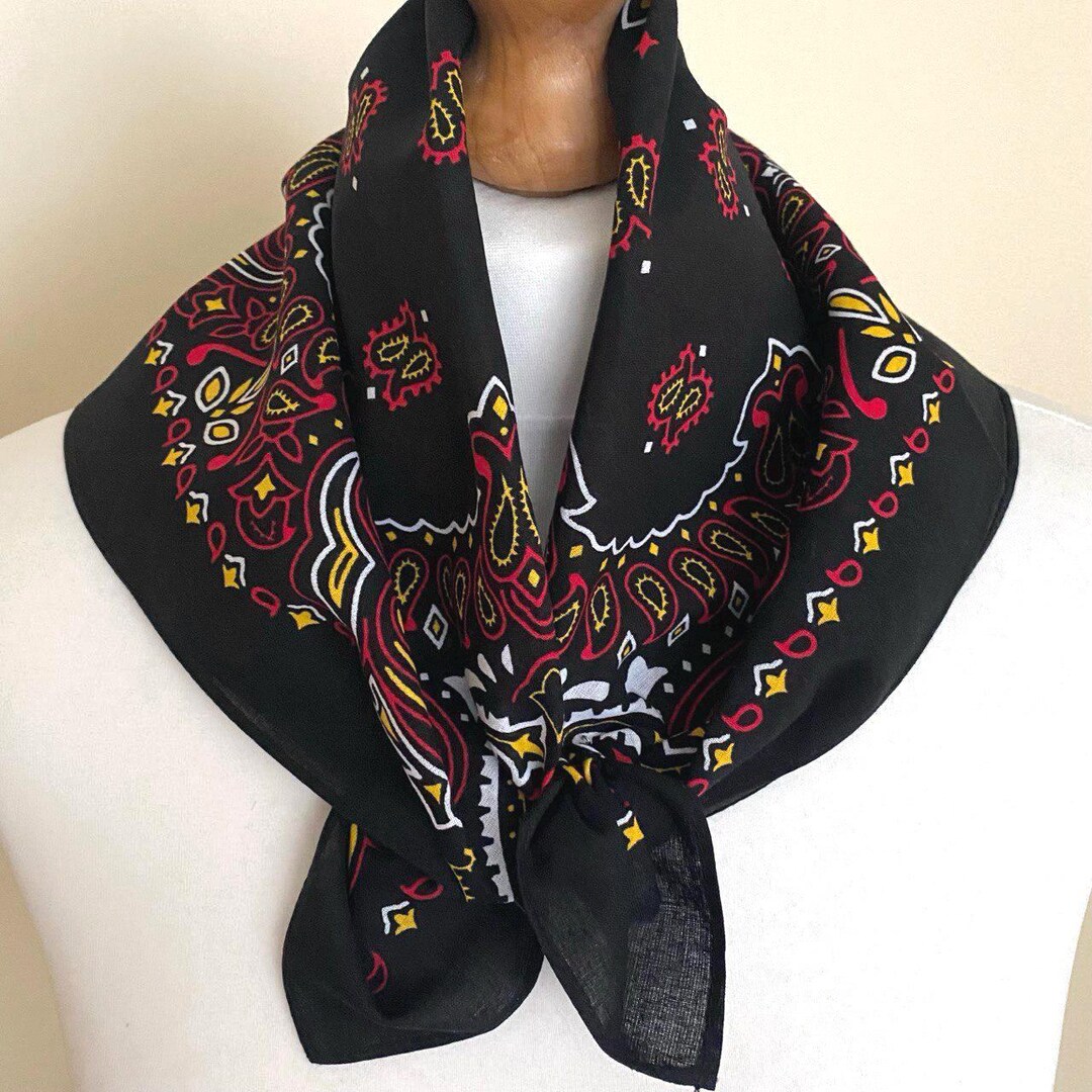 Vintage Folk Cotton Bandana Black Red White Boho Paisley Baumwolle ...