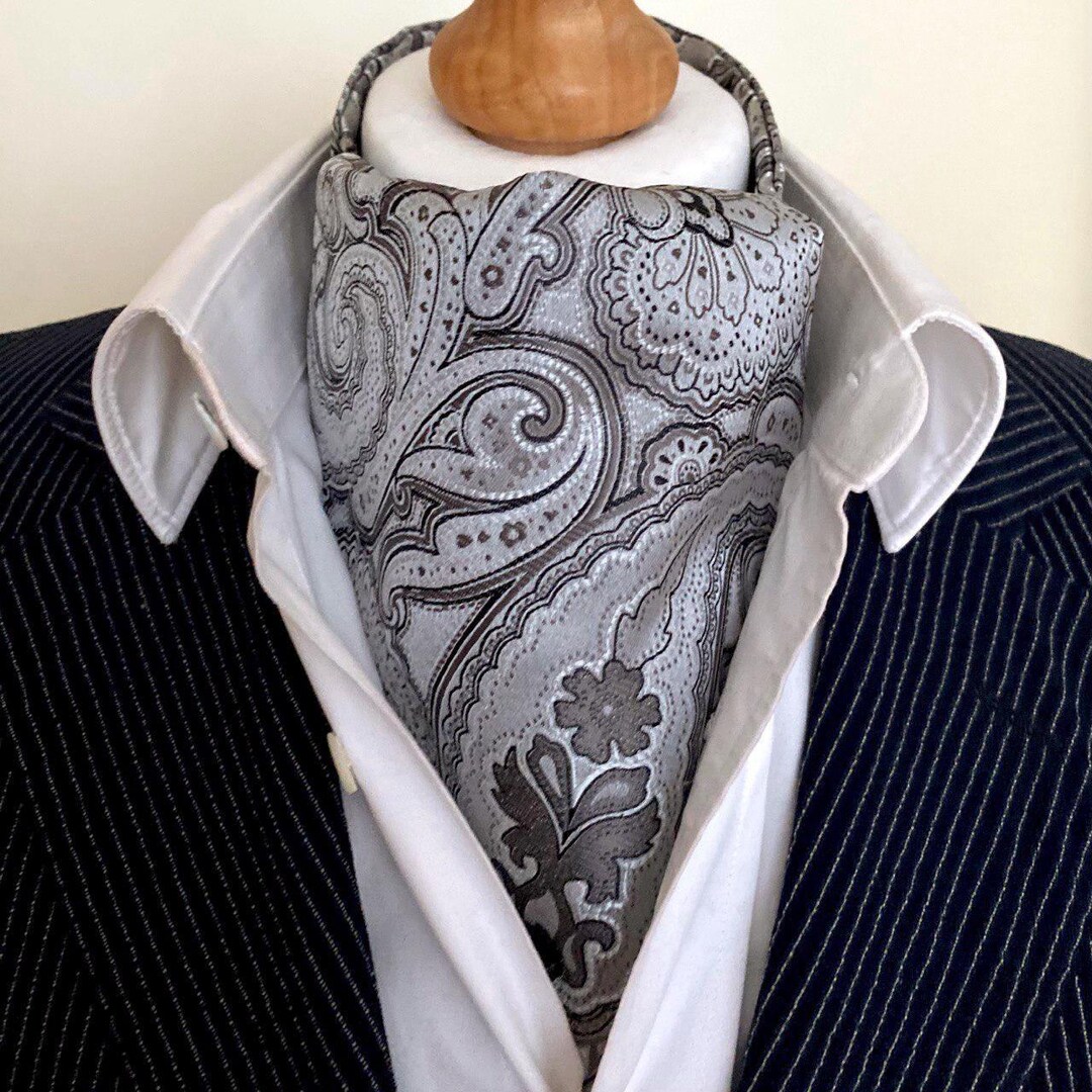 Men's Wedding Evening Ascot Cravat for Gentleman Grey Silver Paisley ...