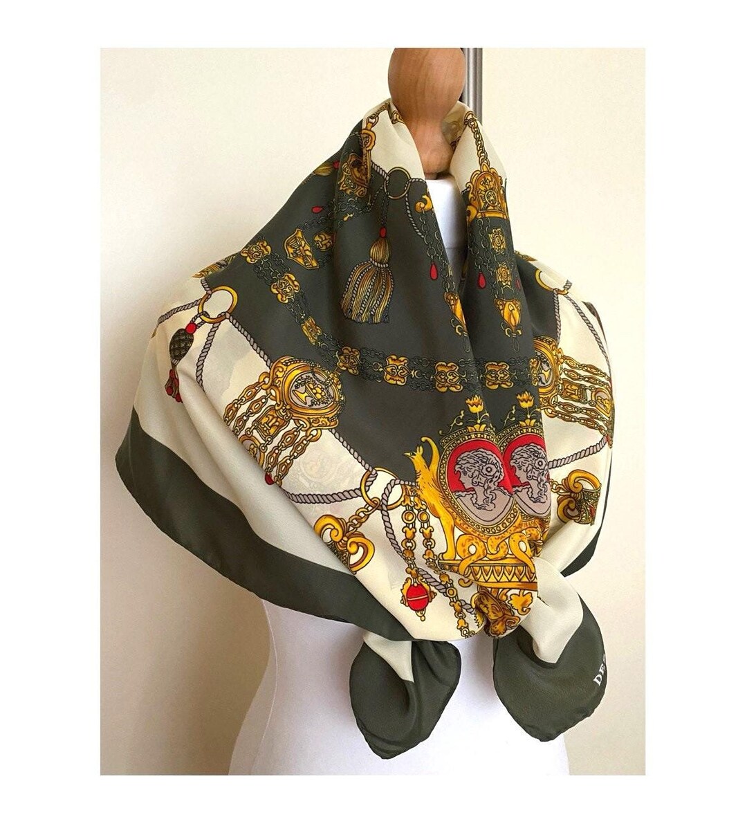 Vintage Italy Design Large Square Scarf Khaki Cream Red Yellow Tassels ...