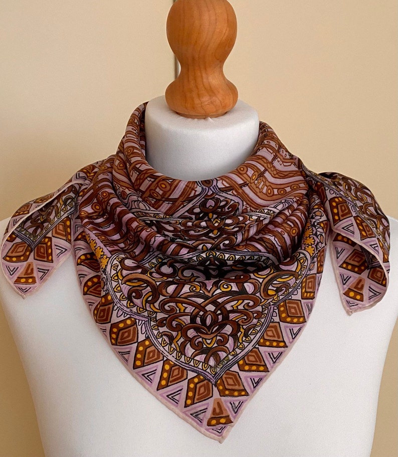 Vintage 80s Psychedelic Print Square Scarf Tan Yellow Purple ...