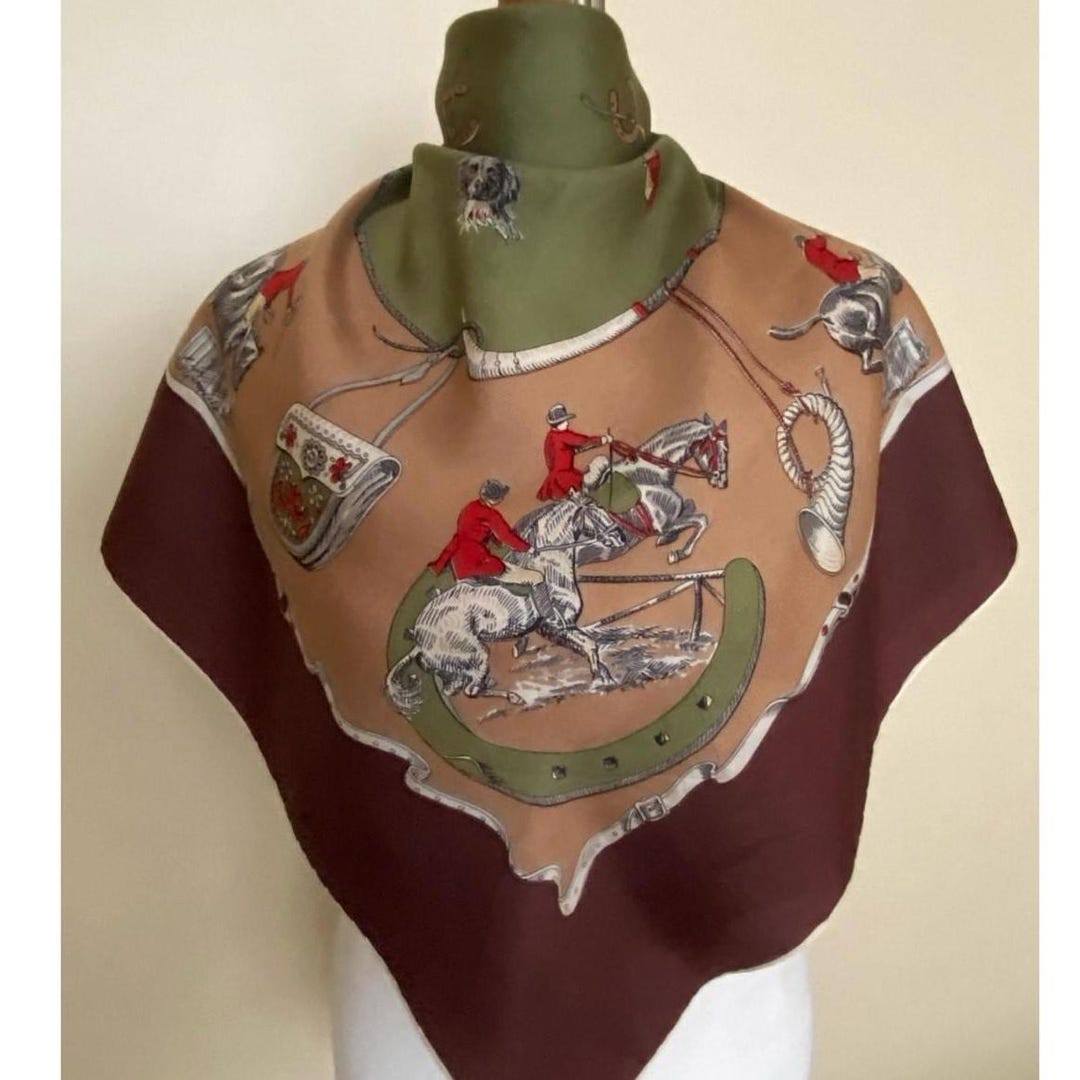 Vintage 50s 60s Silk Square Scarf Brown Tan Pale Green Equestrian Reine ...