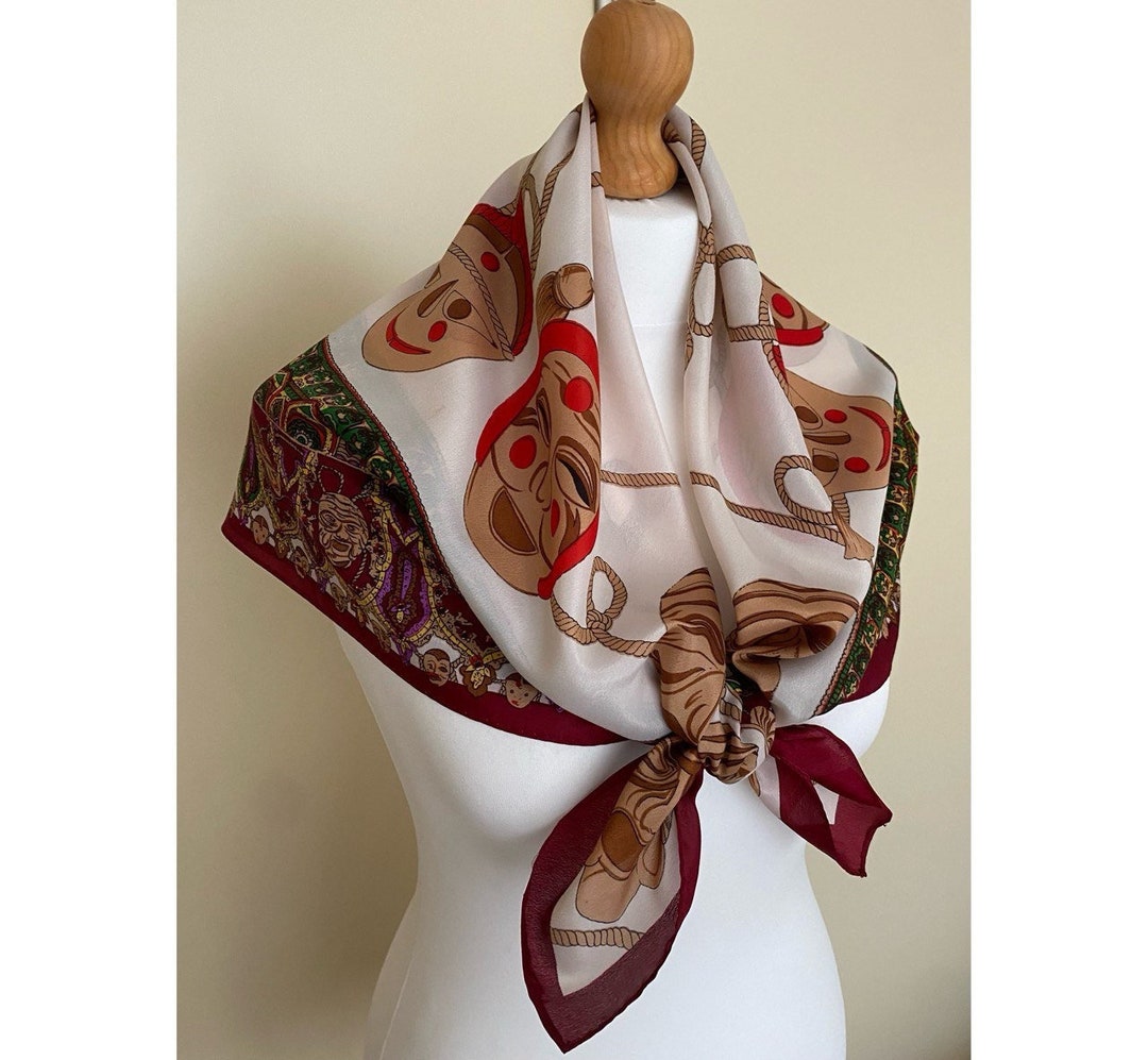 Vintage Art Silk Square Scarf Symbols of Theatre Baroque Print Shawl ...