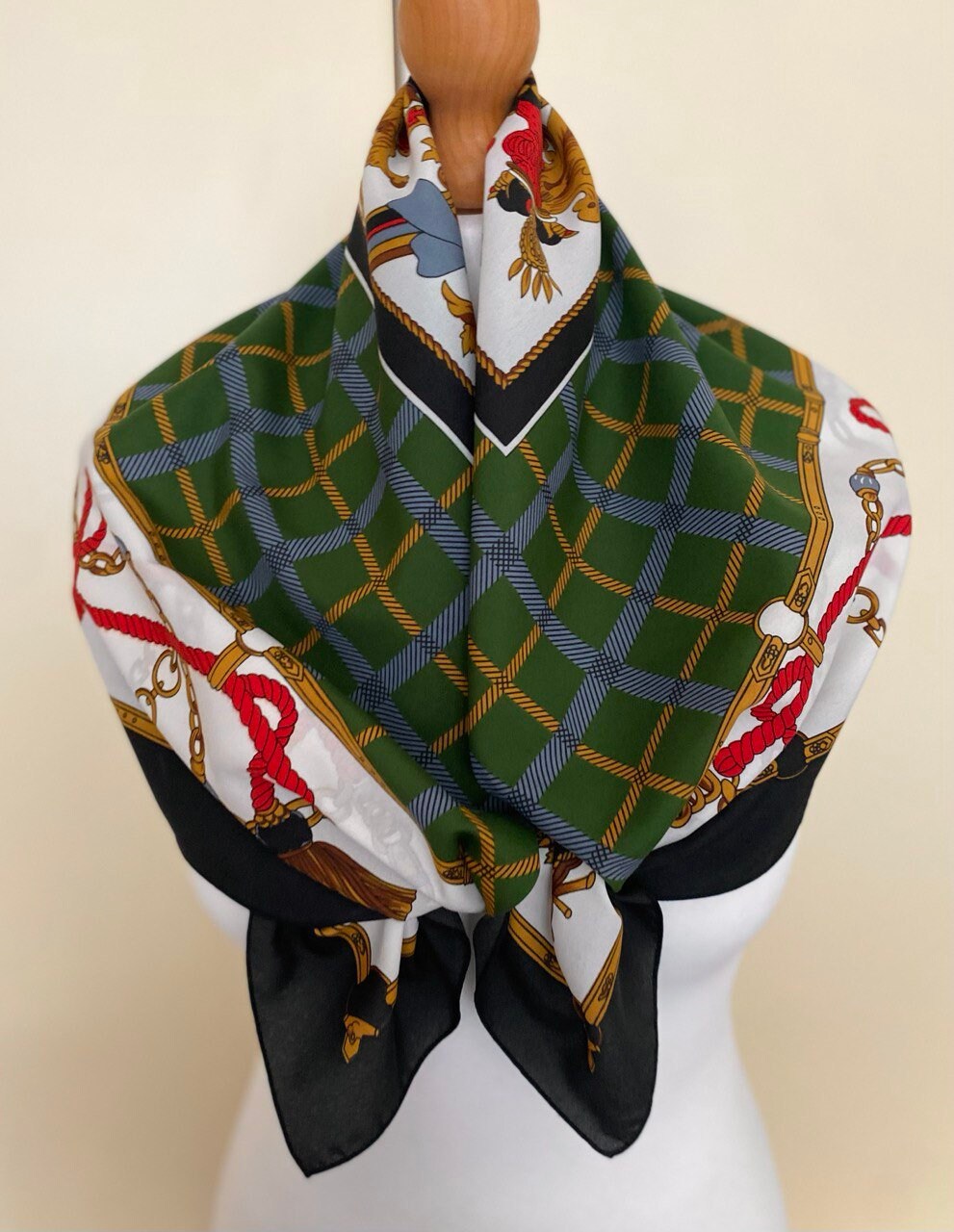Vintage 90s Square Scarf Plaid Black Green Red Chains Coat of Arms ...