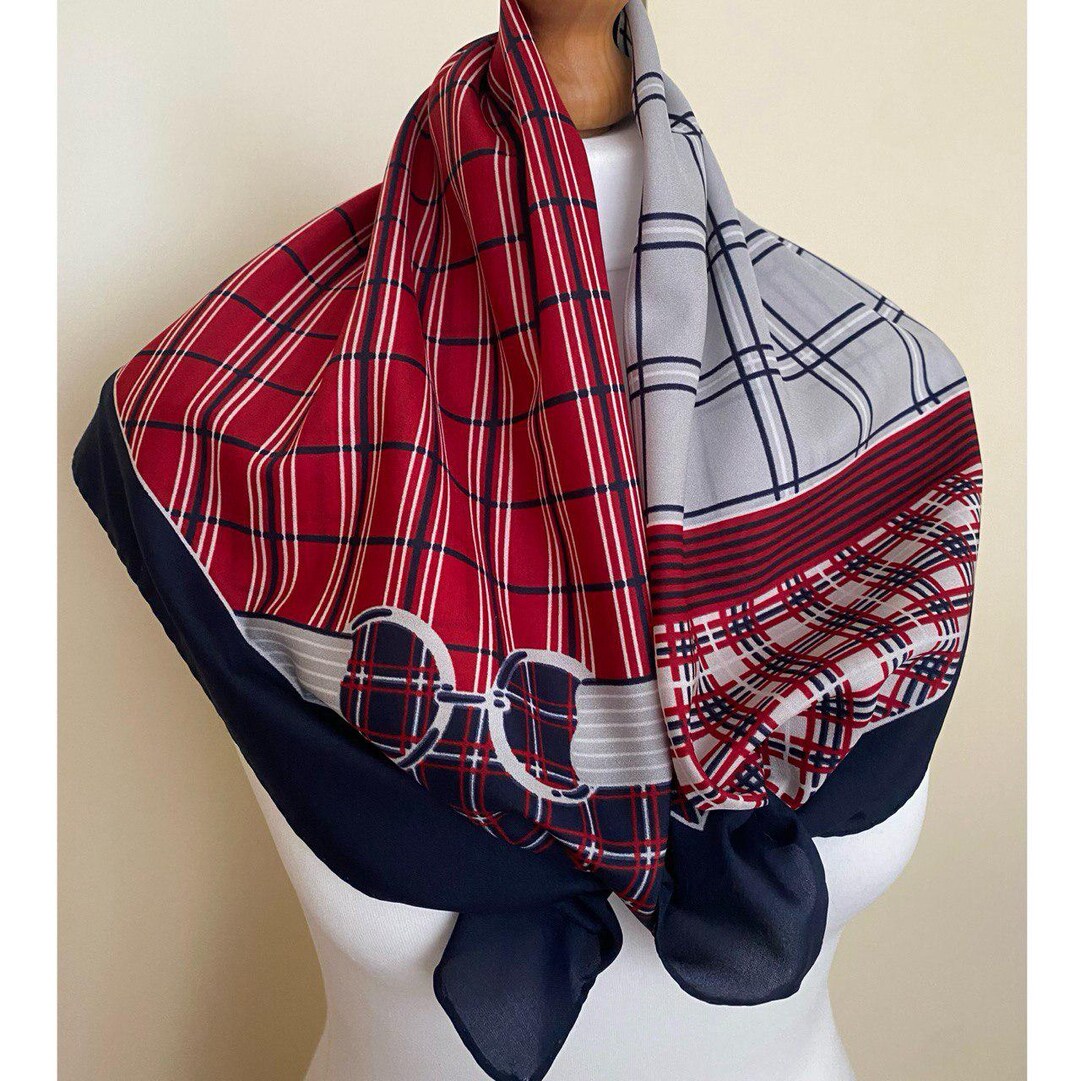 Vintage Square Scarf 90s Navy Burgundy Grey Neckerchief Retro Foulard ...