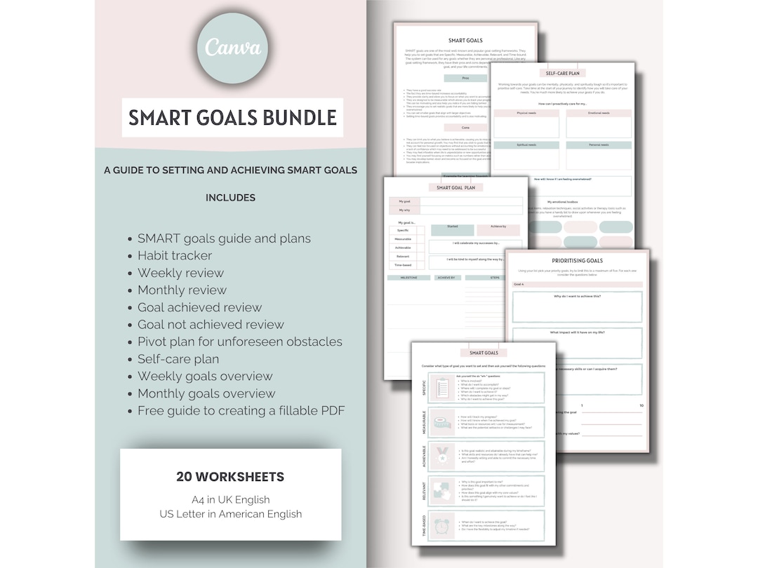 Canva SMART Goals Setting, SMART Goals Template, Habit Tracker, SMART ...
