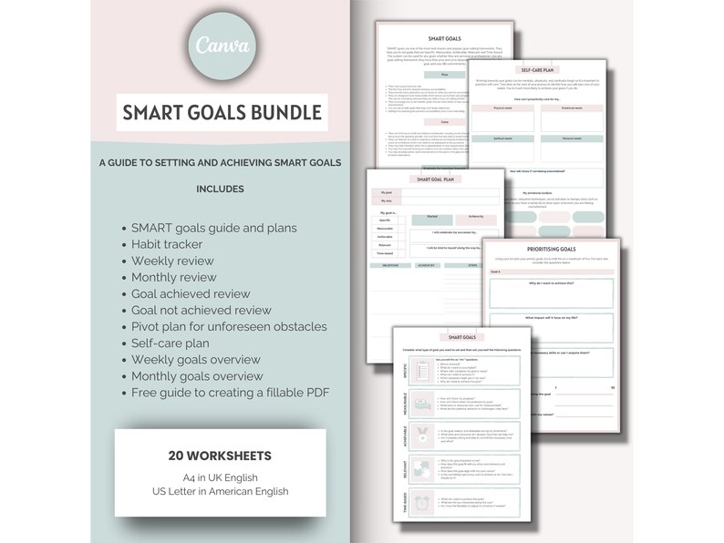 Canva SMART Goals Setting, SMART Goals Template, Habit Tracker, SMART ...