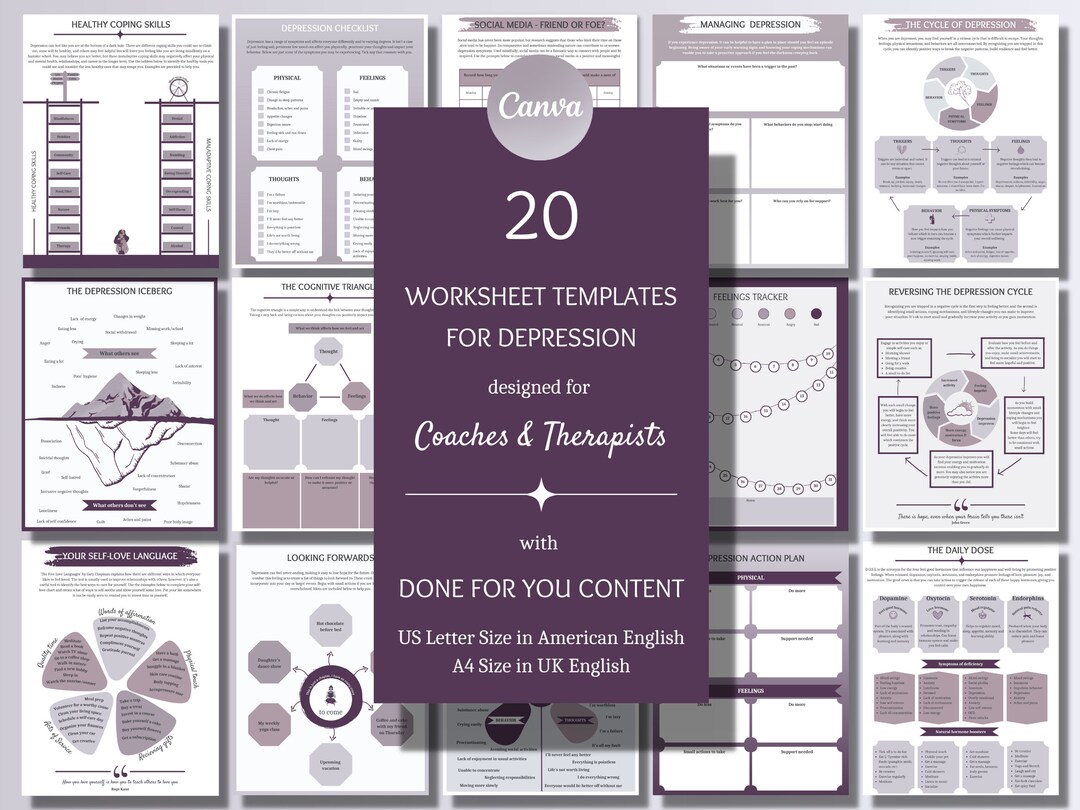Depression Worksheets Canva Templates, Coach and Therapist Resources ...