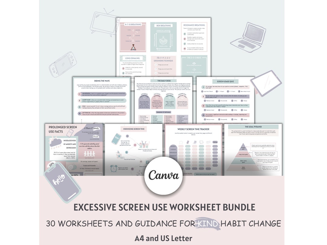 Screen Addiction Worksheets, Screen Time Habits, CBT Worksheets ...