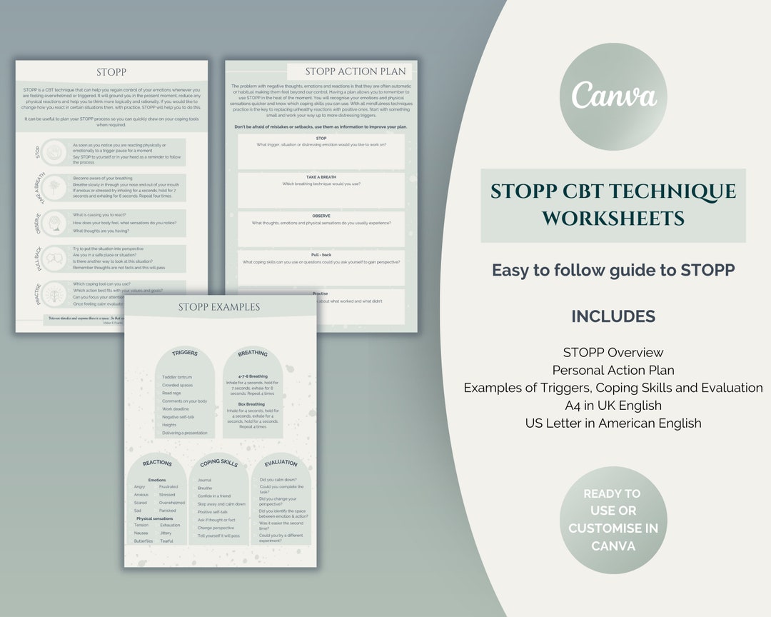 STOPP CBT Worksheets, CBT Canva Worksheets, Anxiety Worksheets ...
