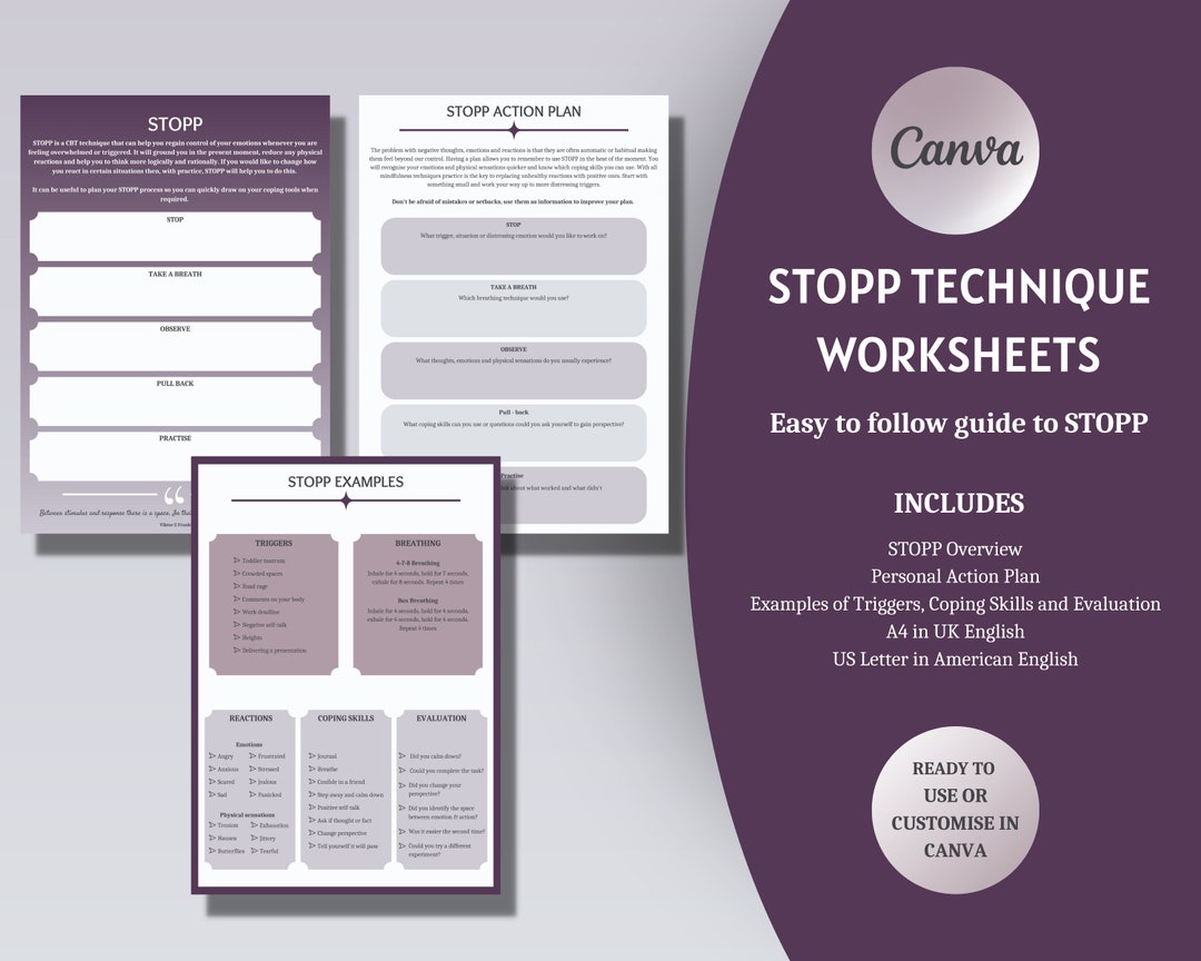 STOPP CBT Worksheets, Therapy Worksheets, Anxiety Worksheet, Emotional ...