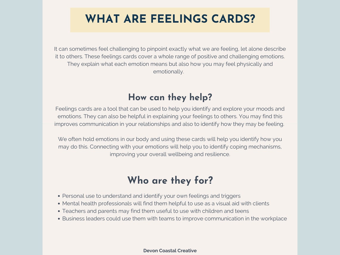 Feelings Cards, Emotions Cards, Mood Cards Therapy Resources, Coaching ...