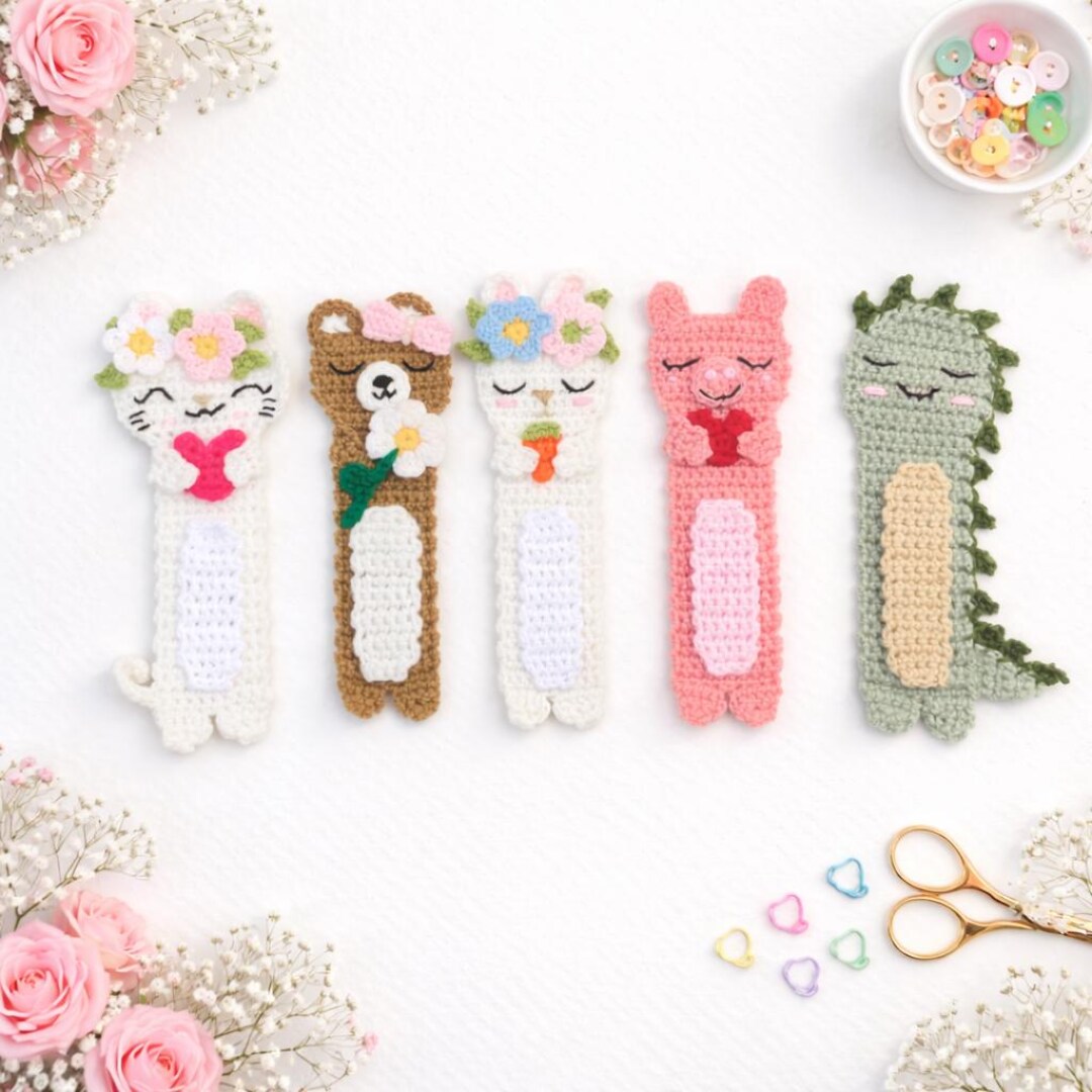 Crochet 5 Animal Bookmark Patterns | Bear, Bunny, Cat, Dino (PDF ...