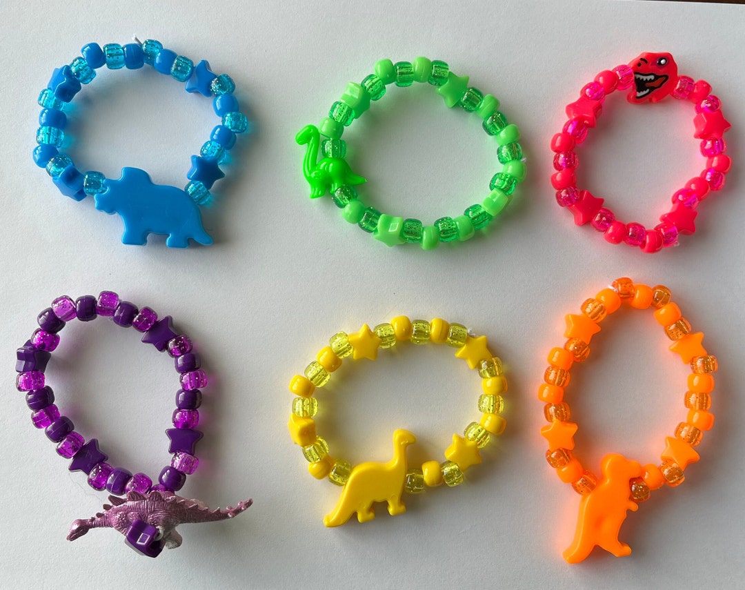 Dinosaur Rainbow Kandi Single Bracelets, Lot of 6. EDM EDC Rainbow Plur ...