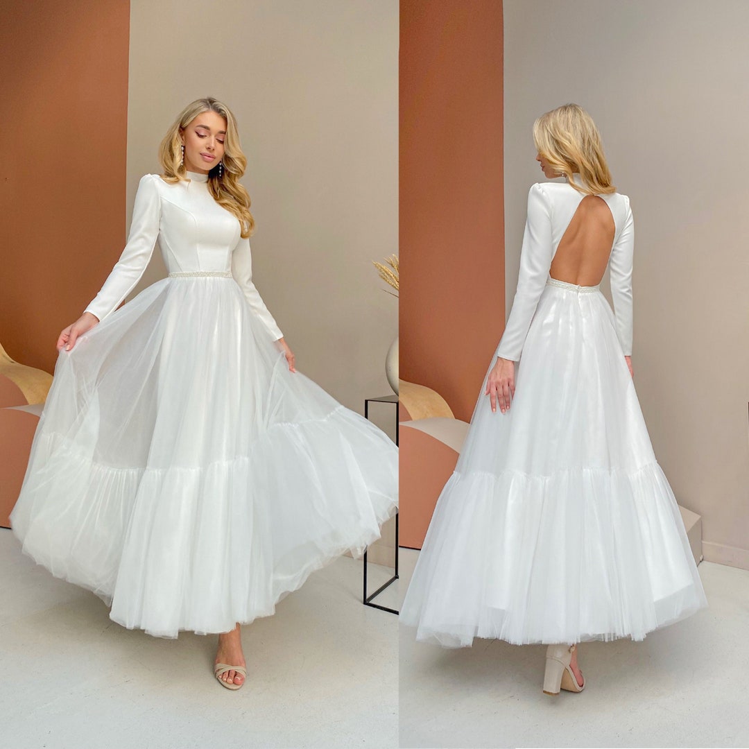 Short Wedding Dress With an Open Back Tea Length Tulle Boho - Etsy