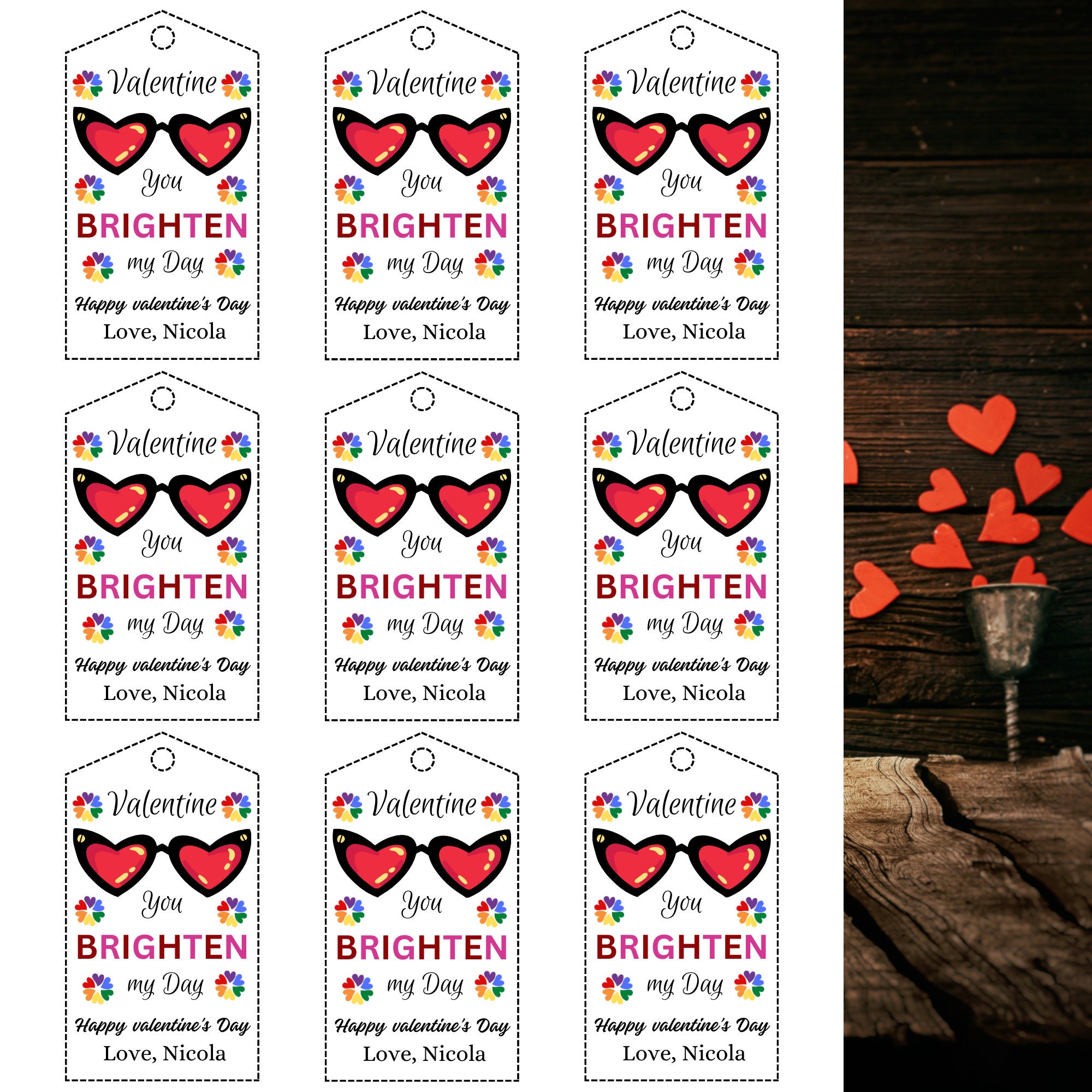 EDITABLE Heart Sunglasses Valentine's Day Tag, You Brighten My Day Gift ...