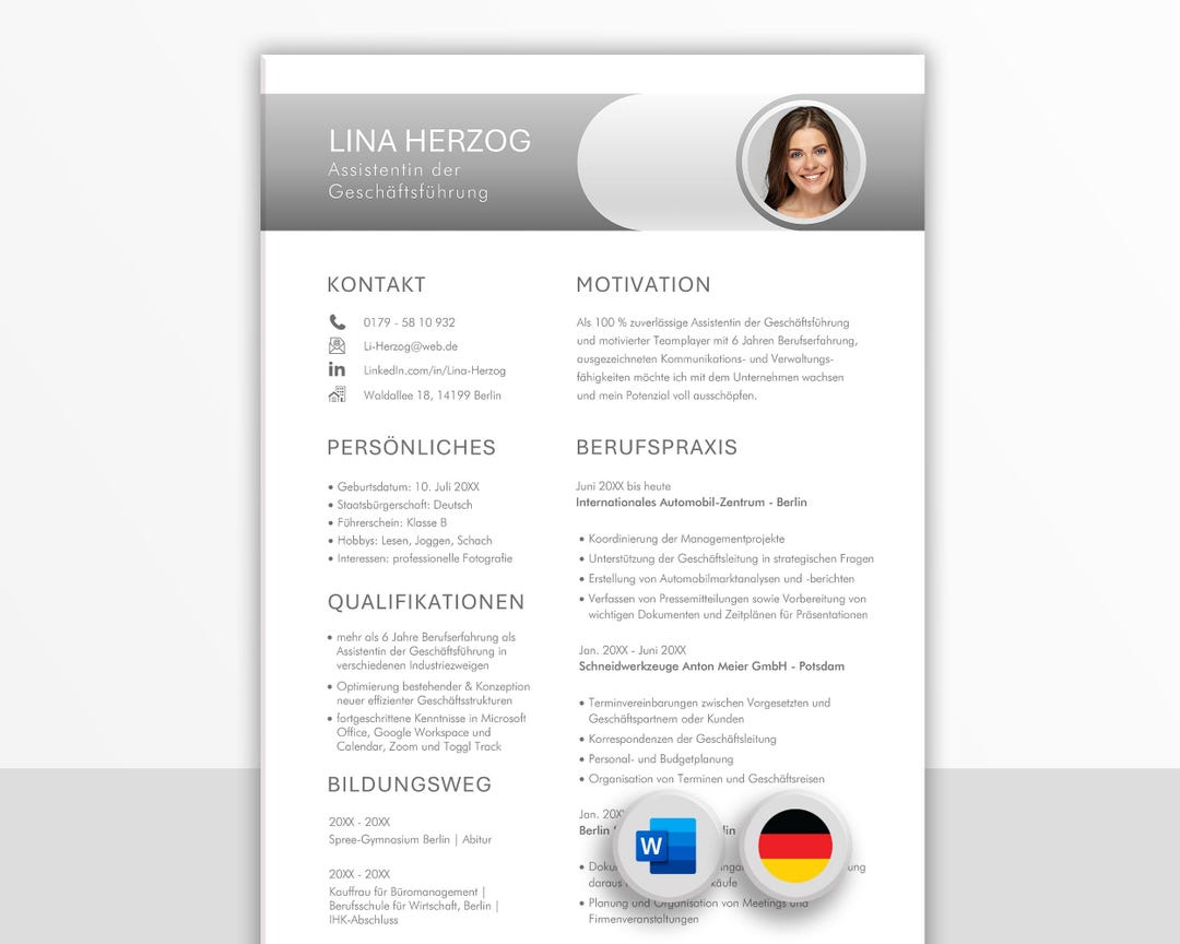 German Resume Template 2026 | Modern Grey CV for Word | Cover Letter ...