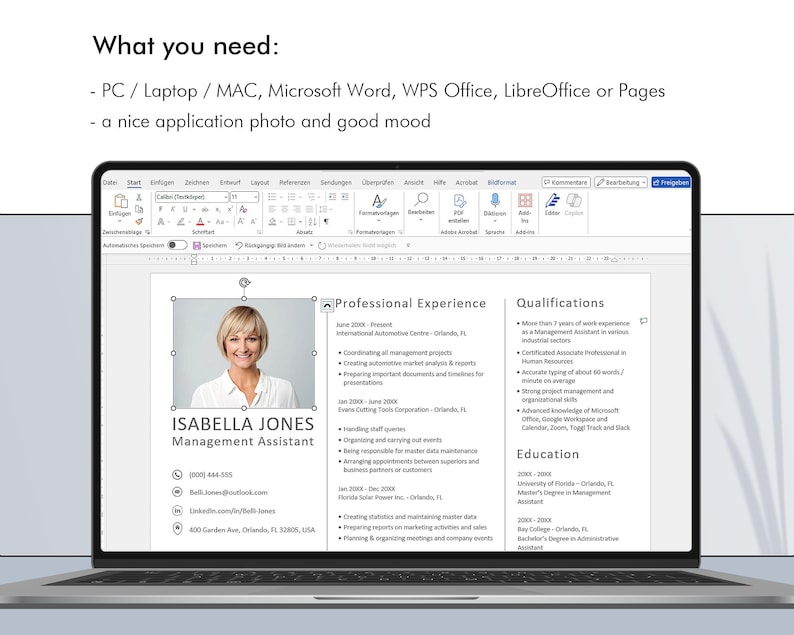Horizontal Resume USA Widescreen | Word + Open Office + Pages | With ...