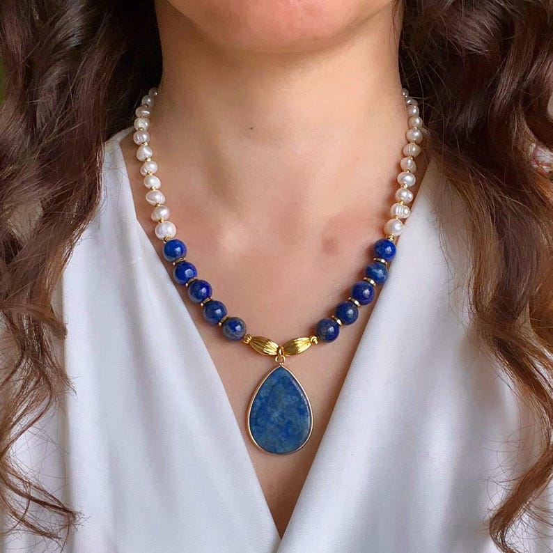 Lapis Lazuli Pearl Necklace: Navy Gemstone Beaded Statement Jewelry ...