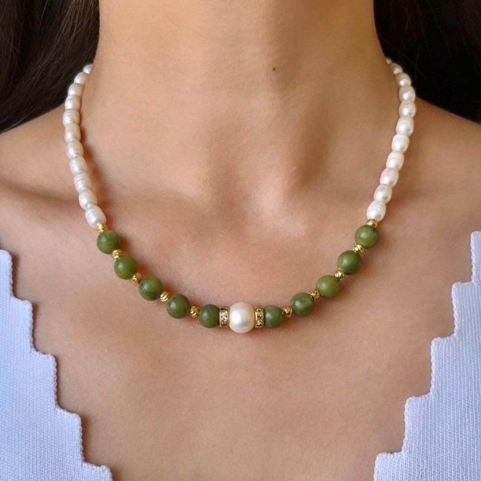 Jade Pearl Statement Necklace: Green Gemstone Handmade Beaded Wife ...
