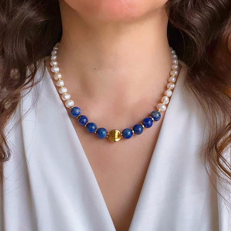 Lapis Lazuli Pearl Necklace: Navy Gemstone Beaded Statement Jewelry ...