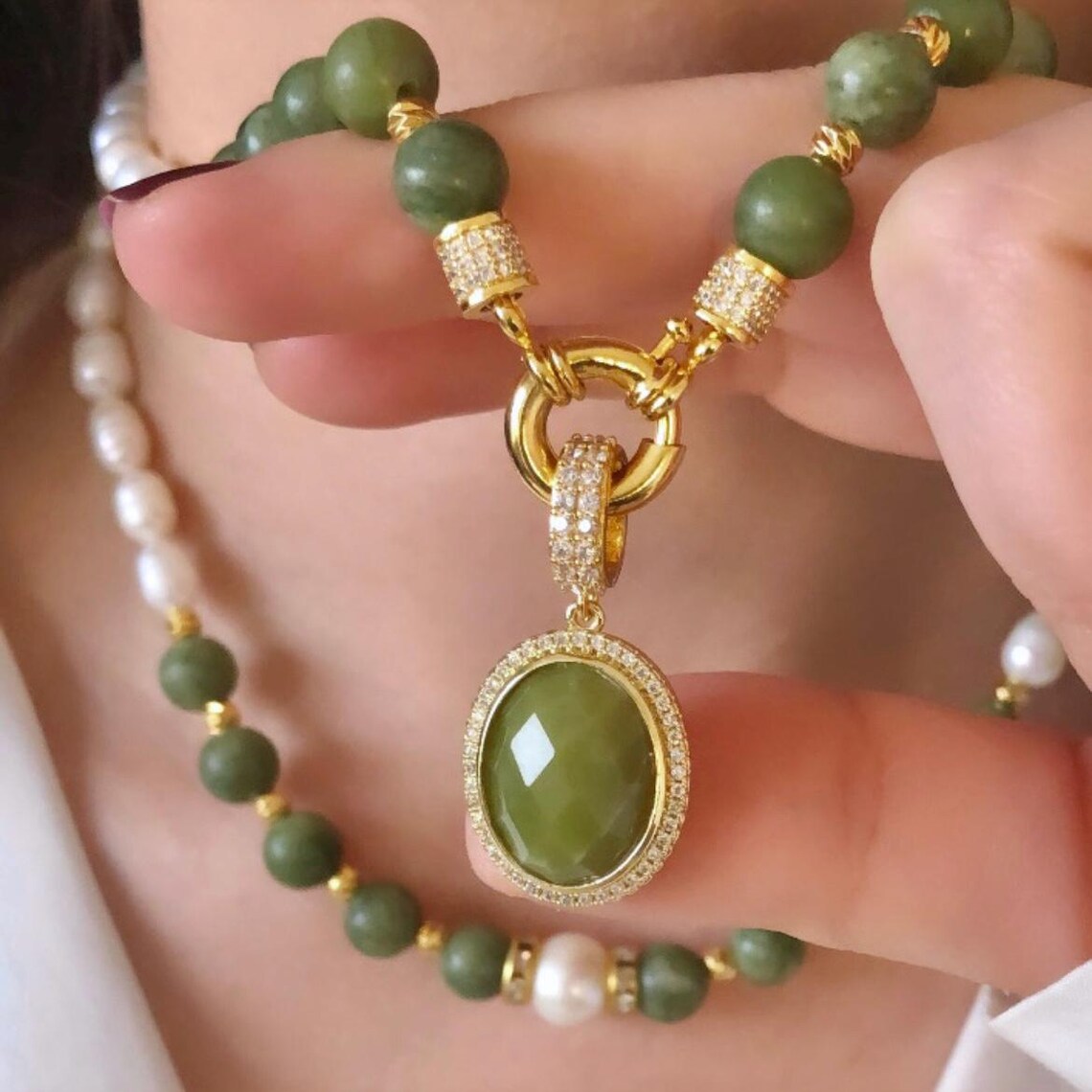 Jade Pearl Statement Necklace: Green Gemstone Handmade Beaded Wife ...