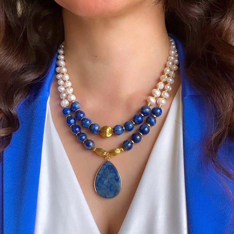 Lapis Lazuli Pearl Necklace: Navy Gemstone Beaded Statement Jewelry ...