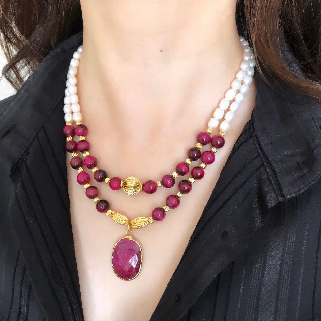 Genuine Pearl Tiger Eye Pendant Necklace, Double Strant Pearl and Pink ...